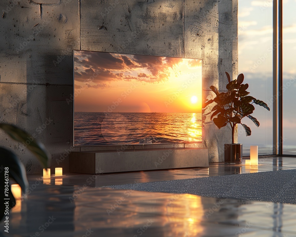 Contemporary TV against a concrete wall, sleek minimalist design, soft ...
