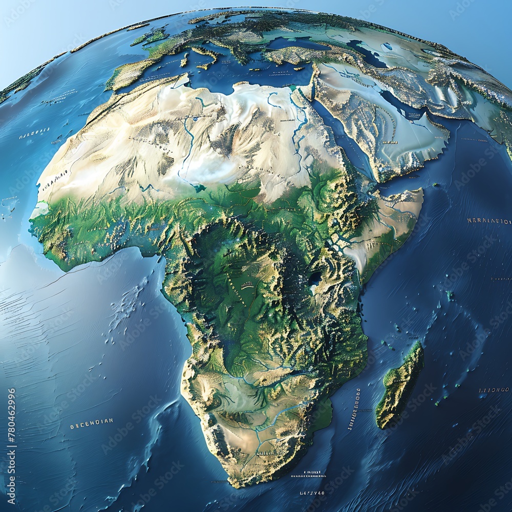 High-res African physical map with detailed geography. Flattened Earth satellite view showcasing ...