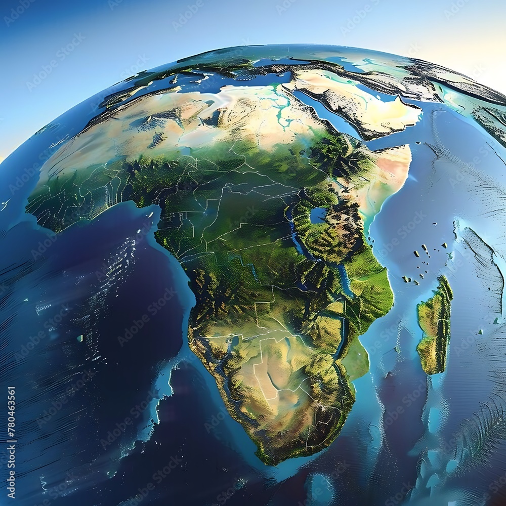 High-res African physical map with detailed geography. Flattened Earth ...