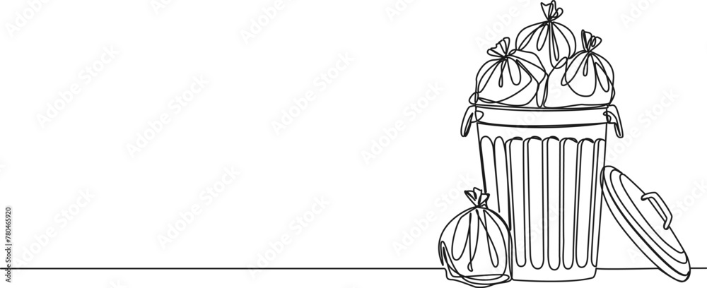 Vetor de continuous single line drawing of trash can overflowing with ...
