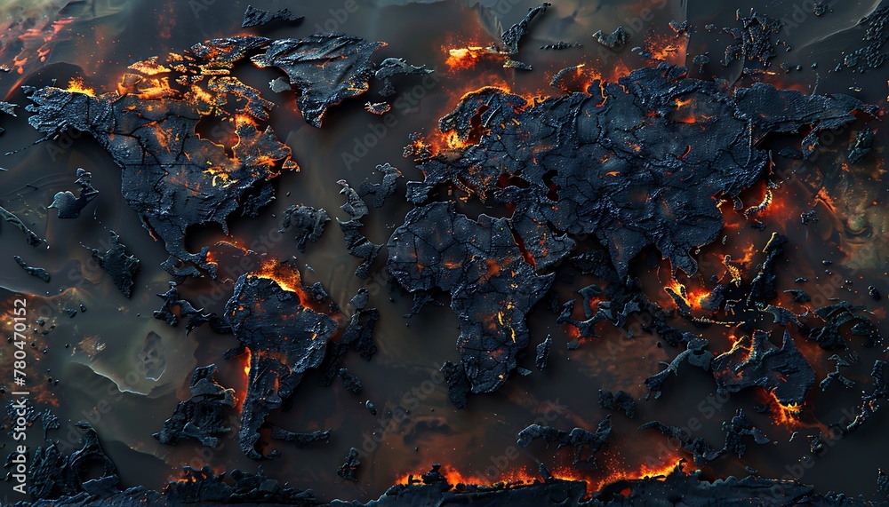 Apocalyptic Earth. Oil, Carbon, Smoke, and Fire ravaged World Map ...