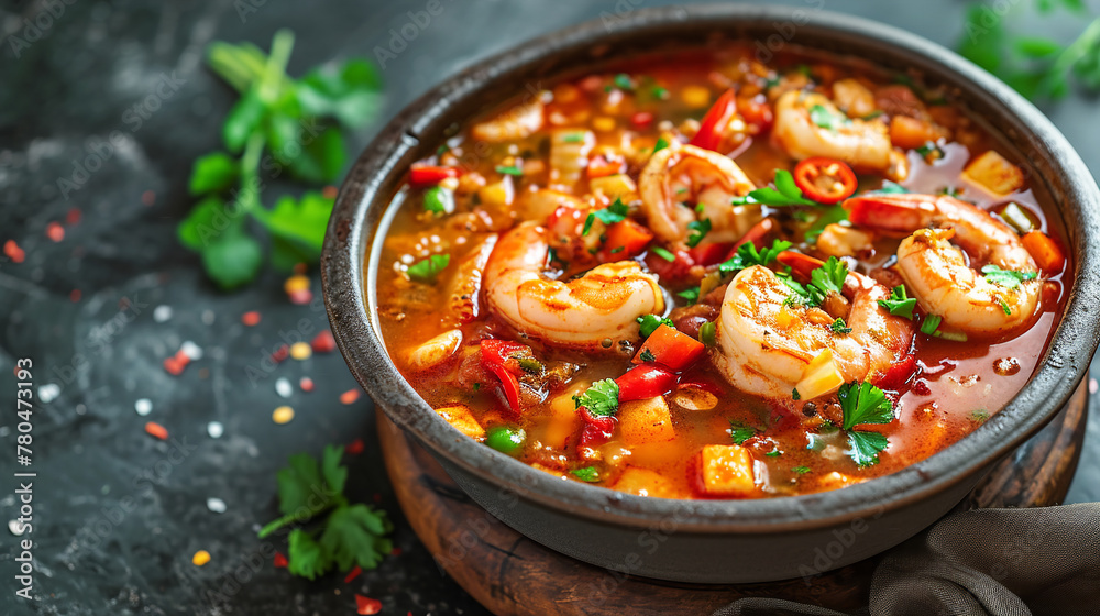 Slow-simmered delicious traditional gumbo stew with seafood chicken ...