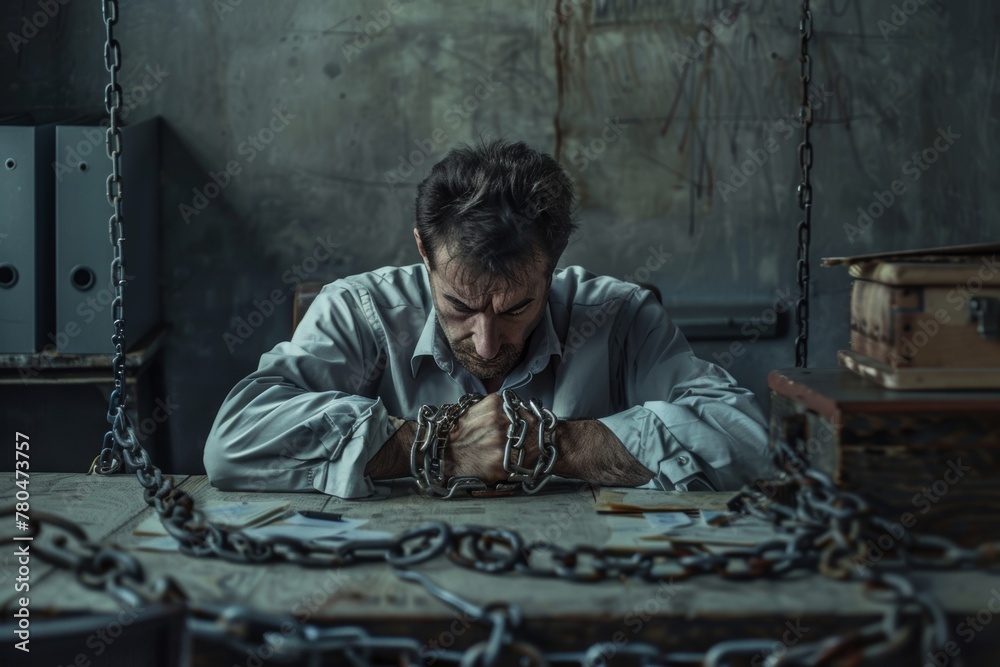 Employee chained to desk in dim office representing overwork and job ...