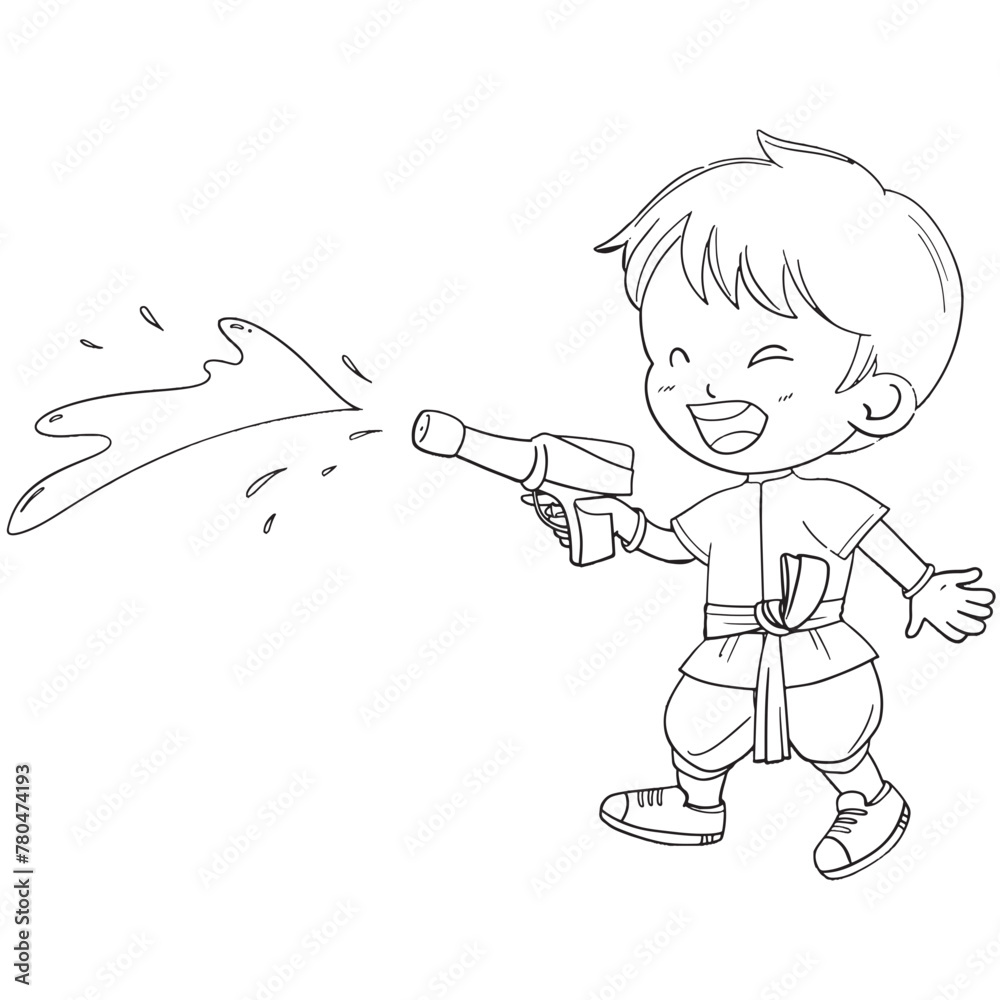 cute boy with water guns in Songkran festival outline for coloring ...