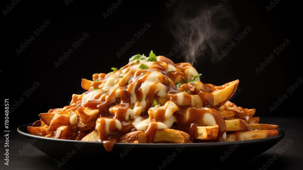 Steaming hot poutine with cheese and gravy on fries. Stock Illustration ...