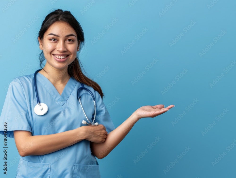 Smiling nurse with hand gesture in scrubs. Cheerful medical ...