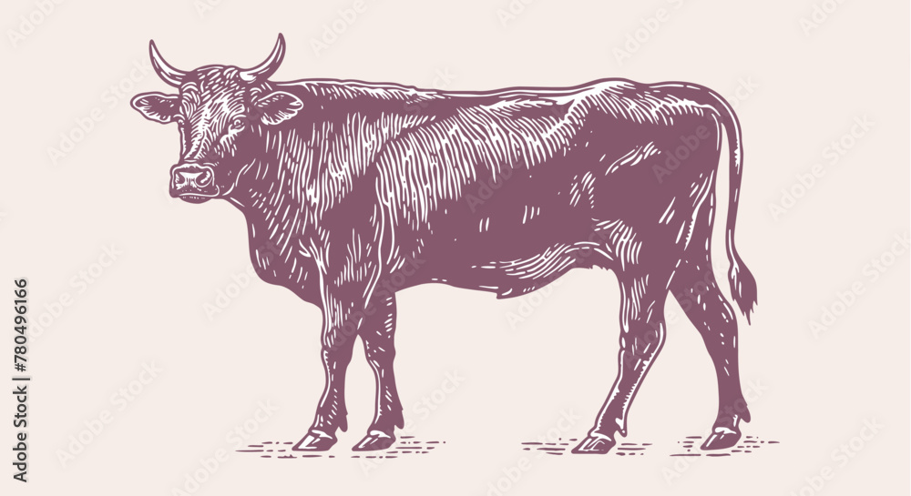 Cow, bull, beef. Vintage retro print, black white cow, bull, beef ...