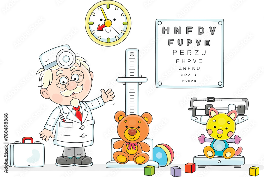 Funny good doctor pediatrician in a white hospital gown with scales, a ...