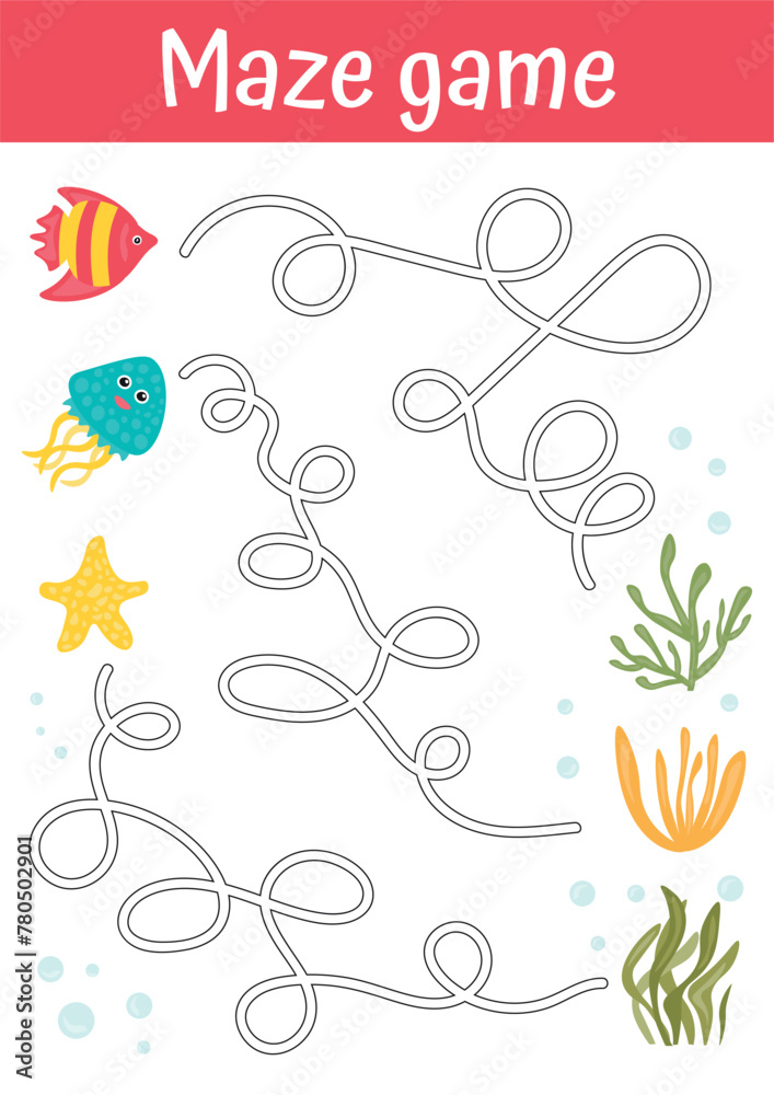 Maze game for kids. Tracing lines for children with with tropical fish ...