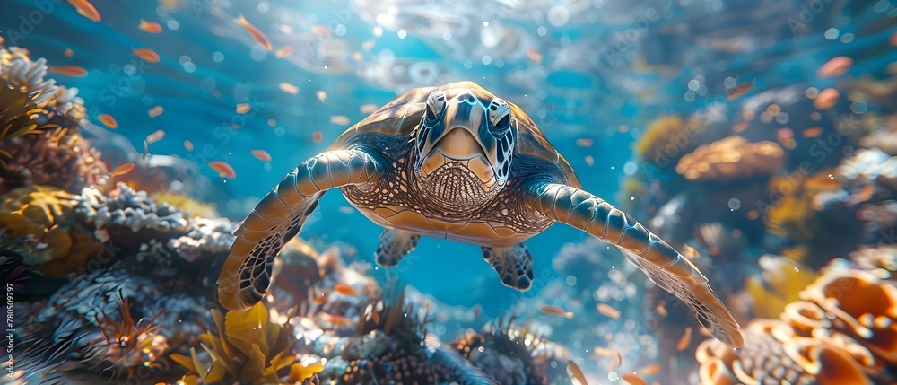 Sea turtle swimming in the Red Sea among corals: A D image. Concept ...