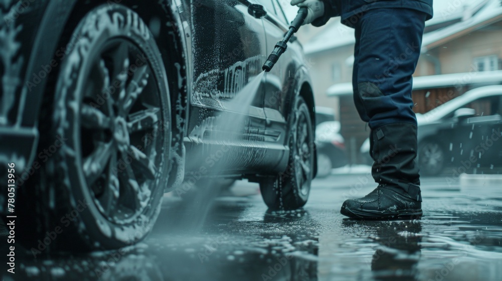 Person washing a car in the rain wearing dark clothing and boots with a ...