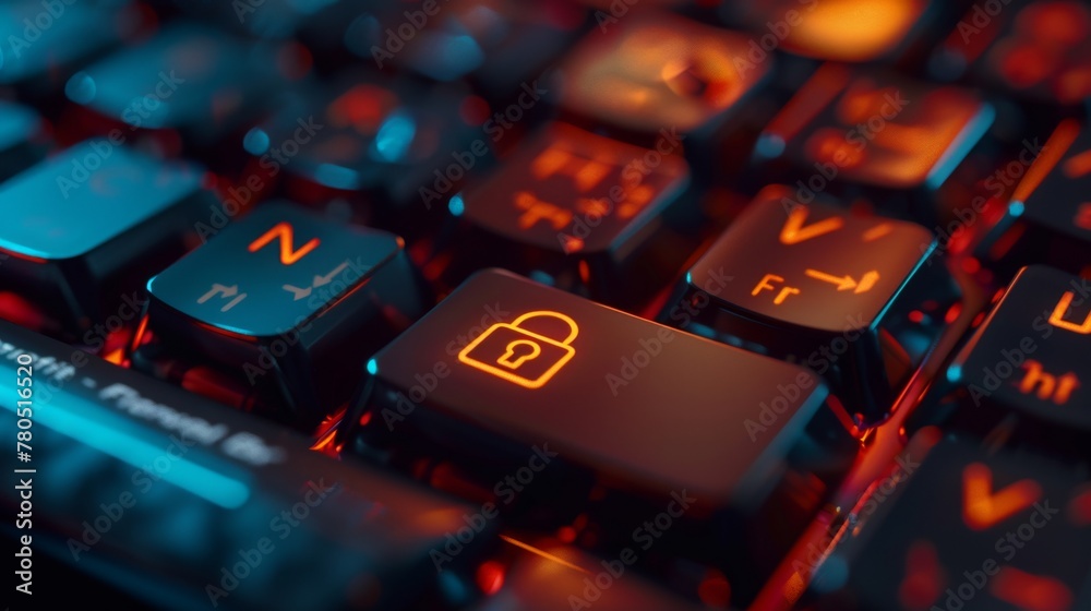 Abstract Digital Keyboard With A Glowing Padlock Symbol Representing Cybersecurity Data