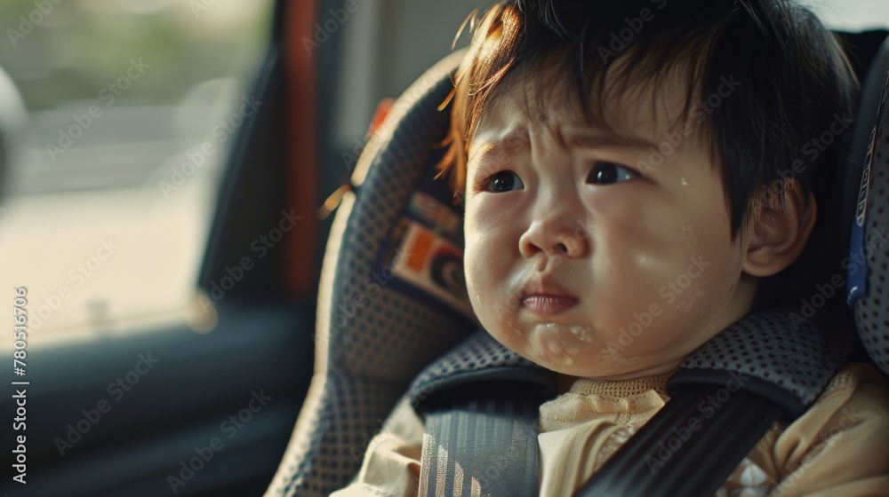 Crying toddler in car seat looking out window with wet cheeks and puffy ...