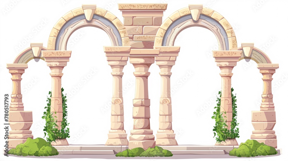 An illustrated portrayal of classical arches, stone columns, and ornate ...