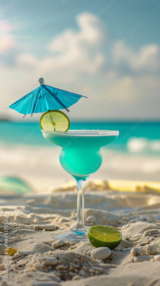 Aqua blue cocktail on a beach background, epitomizing summer relaxation ...