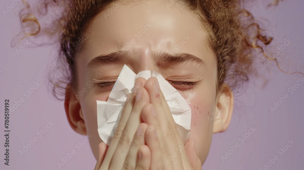 A young woman with curly hair in a close-up shot wiping her nose with a ...