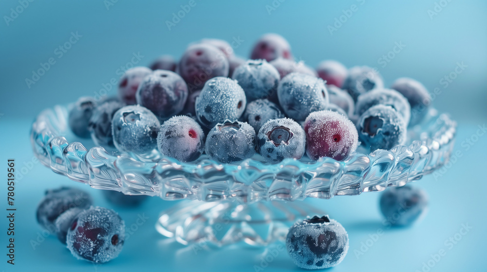 Frozen blueberries on a crystal plate, showcasing a splendid contrast ...
