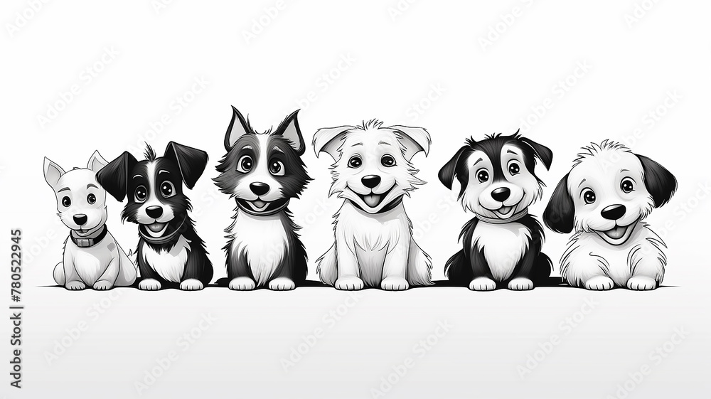 cartoon dogs sitting in a row isolated on a white background, sketch ...