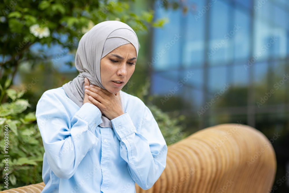 Worried woman in hijab feeling irritation in throat and experiencing ...