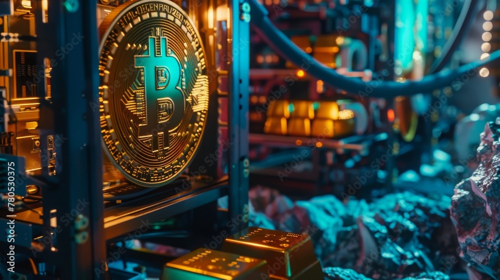 Glowing Bitcoin on advanced mining rig in a vivid tech environment ...