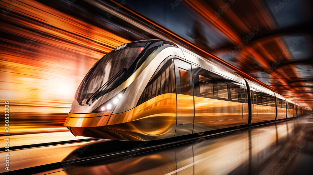 Train moving swiftly through the city at night, carrying passengers on ...