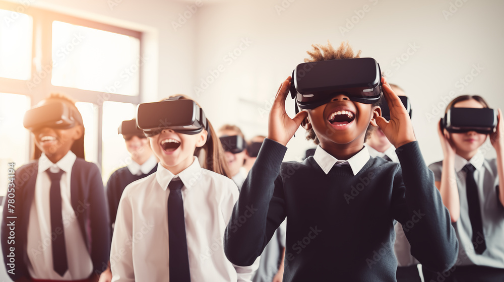 Multicultural schoolchildren using virtual reality headsets. School ...