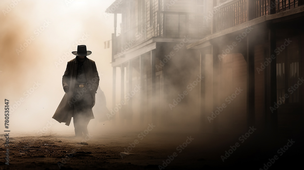 cowboy view from the back, wild west, retro landscape in the town ...