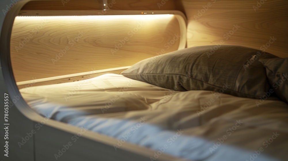Capsule Hotel Room. A minimalist capsule hotel room with pillows ...