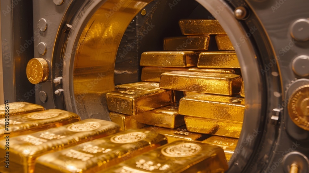 Open vault door revealing stacks of gold bars, symbolizing secure ...