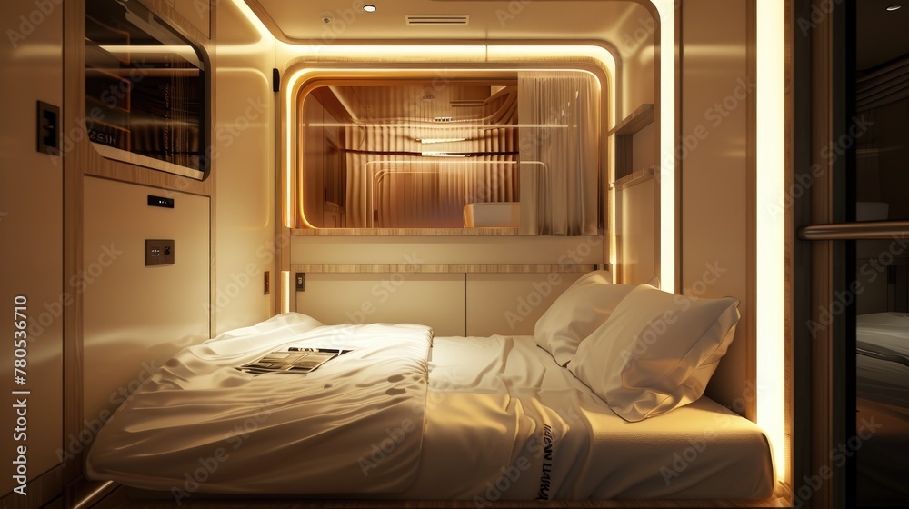 Wooden Capsule Hotel Space with Warm Glow. A single, wooden-walled ...