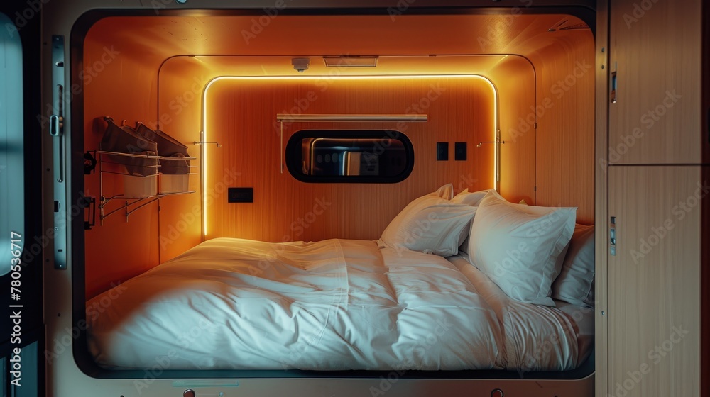Wooden Capsule Hotel Space with Warm Glow. A single, wooden-walled ...