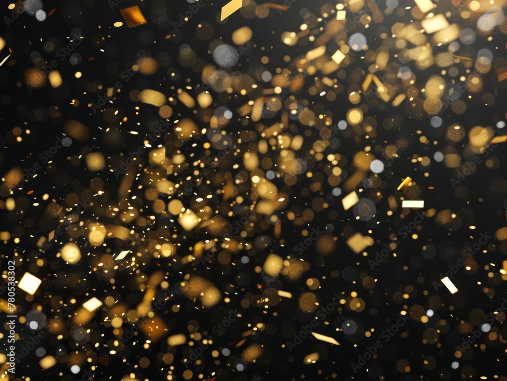 Many golden paper particles flying and splashing on the black ...