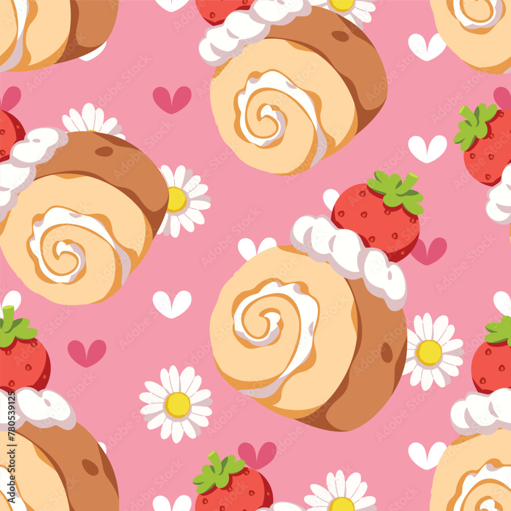 Seamless pattern of cute strawberry cake roll, Daisy flower with pink ...