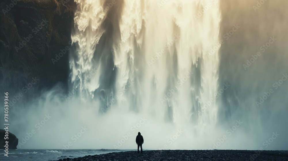 A man stands in front of a waterfall, looking out at the misty ...