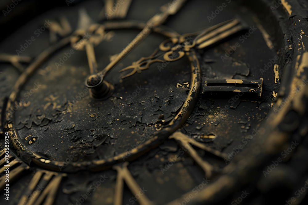 Vintage clock face with Roman numerals, close-up on weathered textures ...