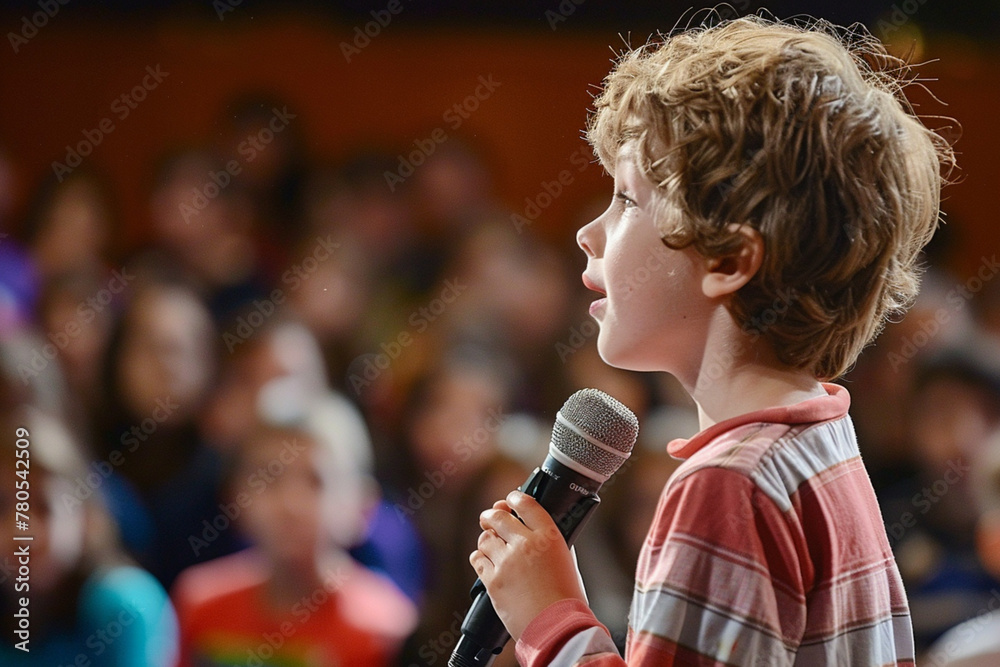Confident child public speaker with microphone delivering a speech ...