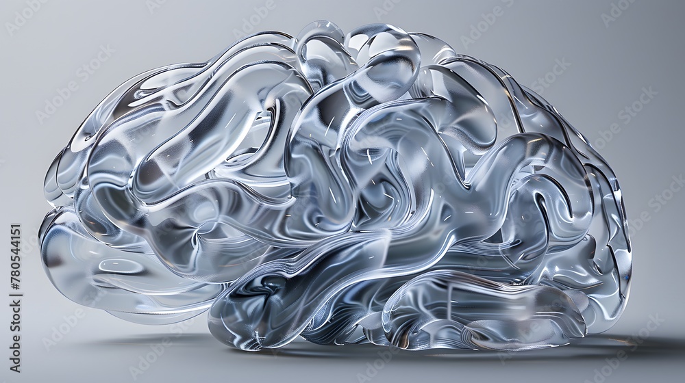A silver brain with a liquid metal texture and artistic design ...