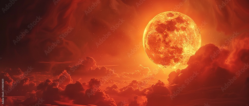 Red moon hanging low in the sky with billowing clouds passing by ,close ...