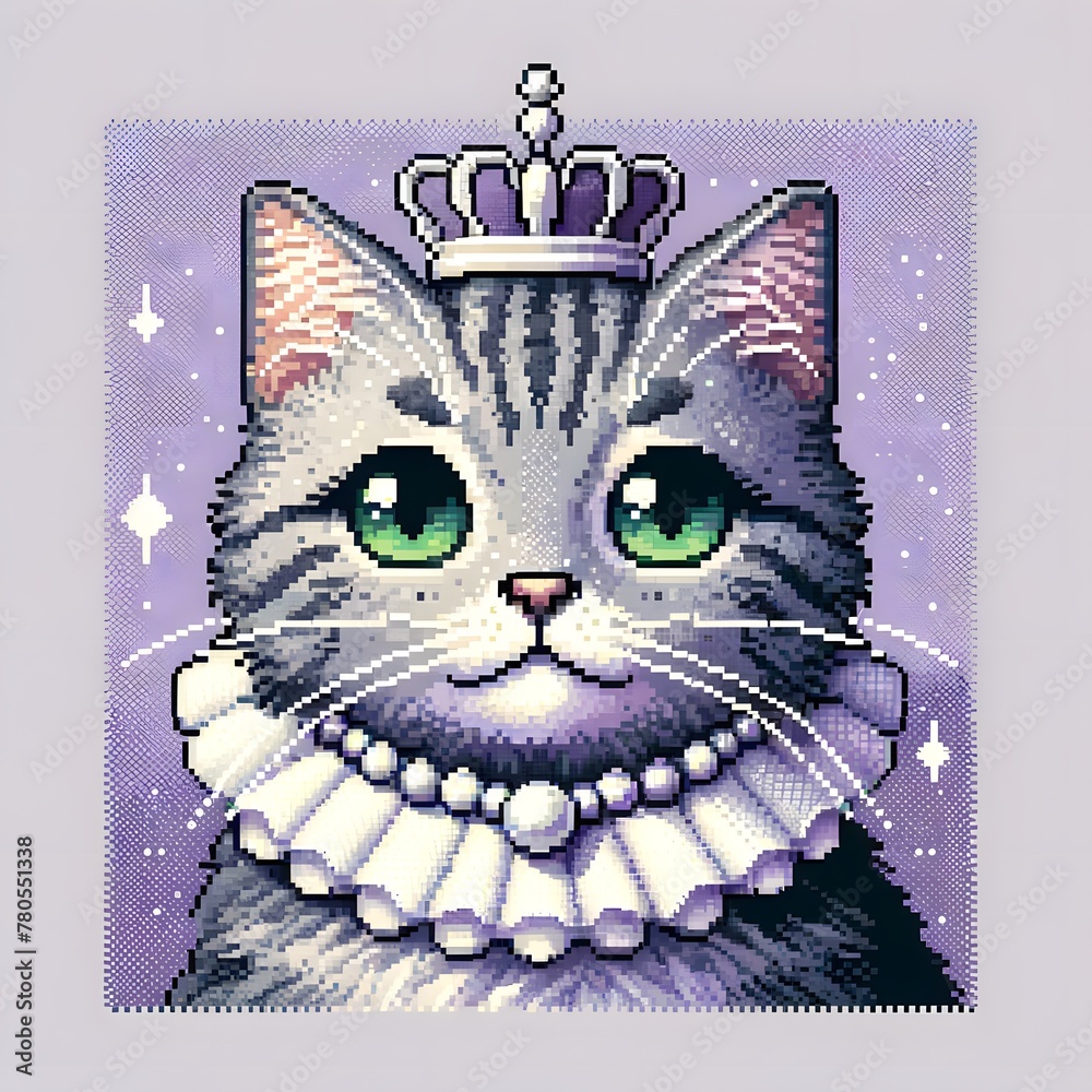 Pixel Purrfection: Regal Tabby Cat with Crown in a Pixel Art Wonderland ...