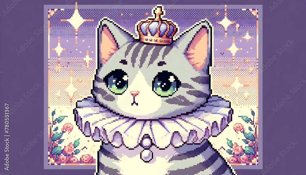 Pixel Purrfection: Regal Tabby Cat with Crown in a Pixel Art Wonderland ...