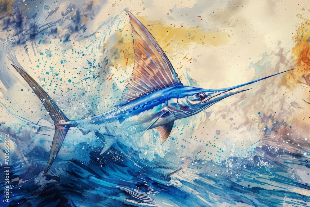 A watercolor painting of a swordfish or largemouth bass when fully ...