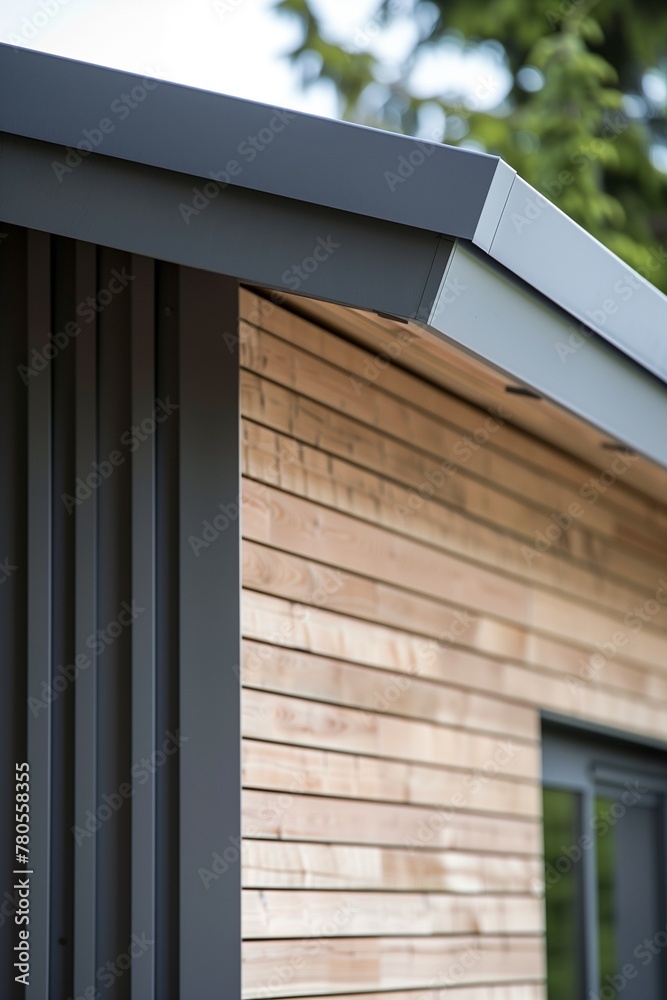 close up detail of dark grey alucobond cladding on the roof, wood slats ...