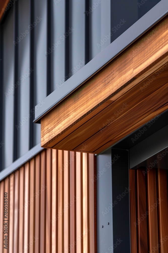 close up detail of dark grey alucobond cladding on the roof, wood slats ...