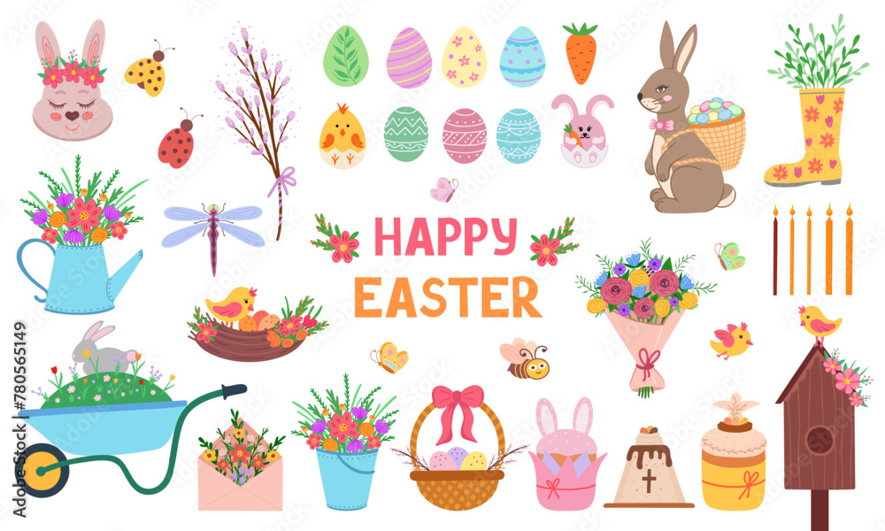Big Collection of Happy Easter Objects. Vector Illustration for ...