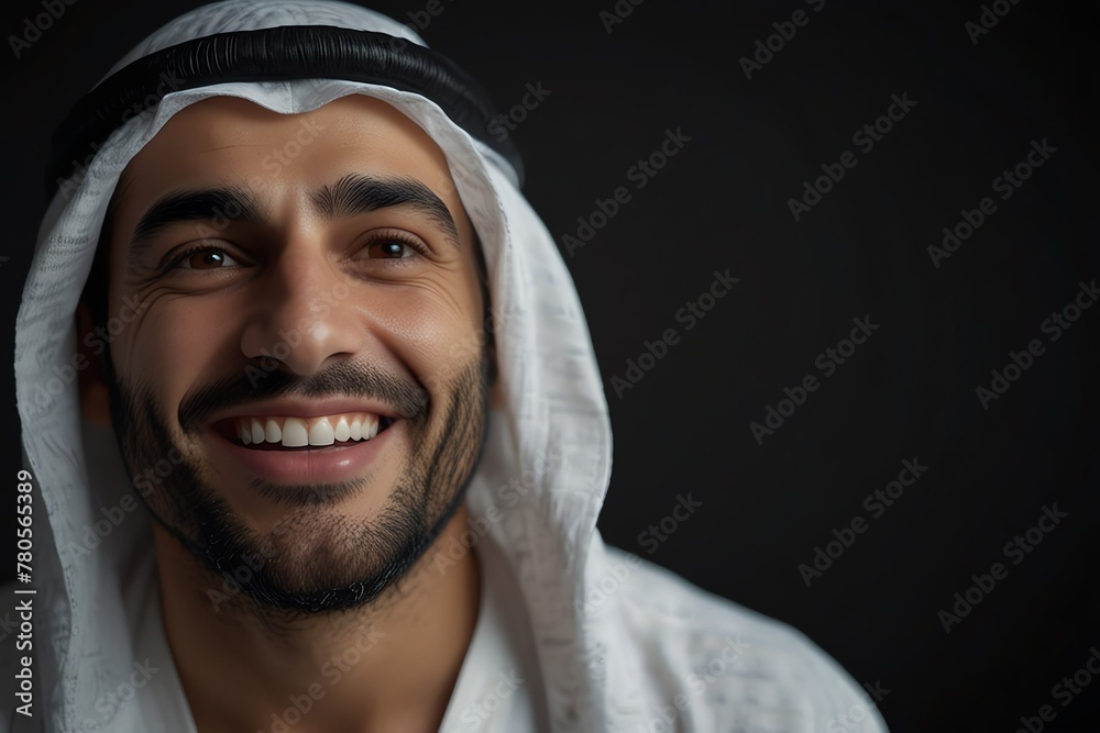 young middle eastern middle aged man on plain bright black background ...