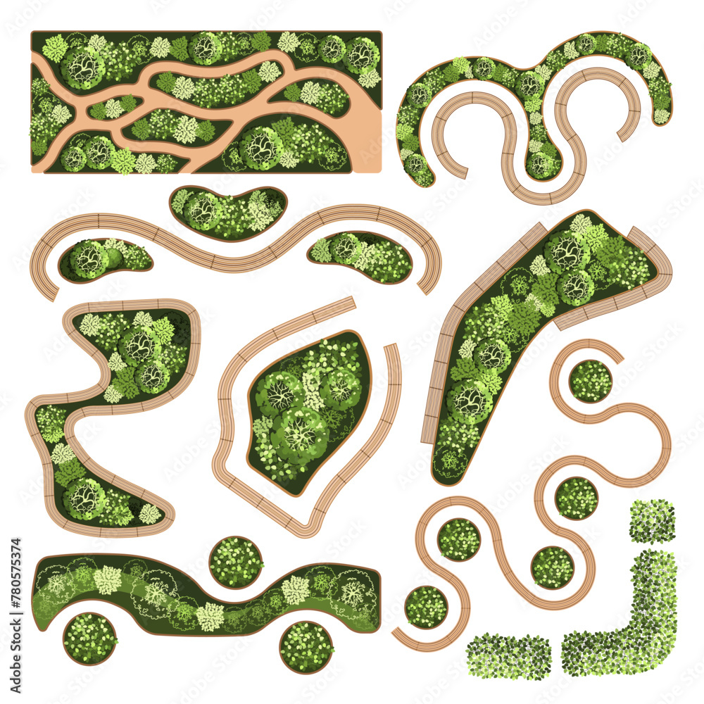 Top view elements for the landscape design plan. Trees and benches for ...