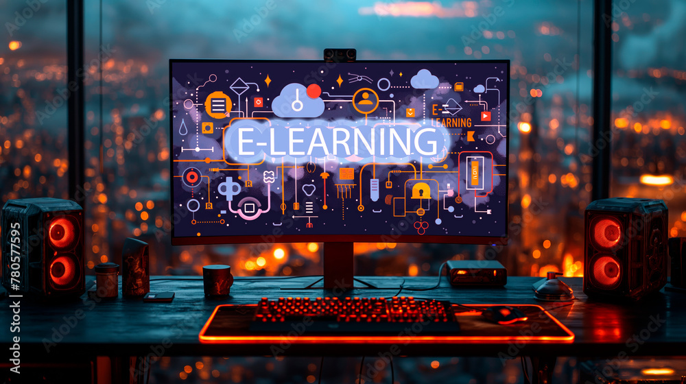 Elevated e-learning workspace overlooking city night lights ...