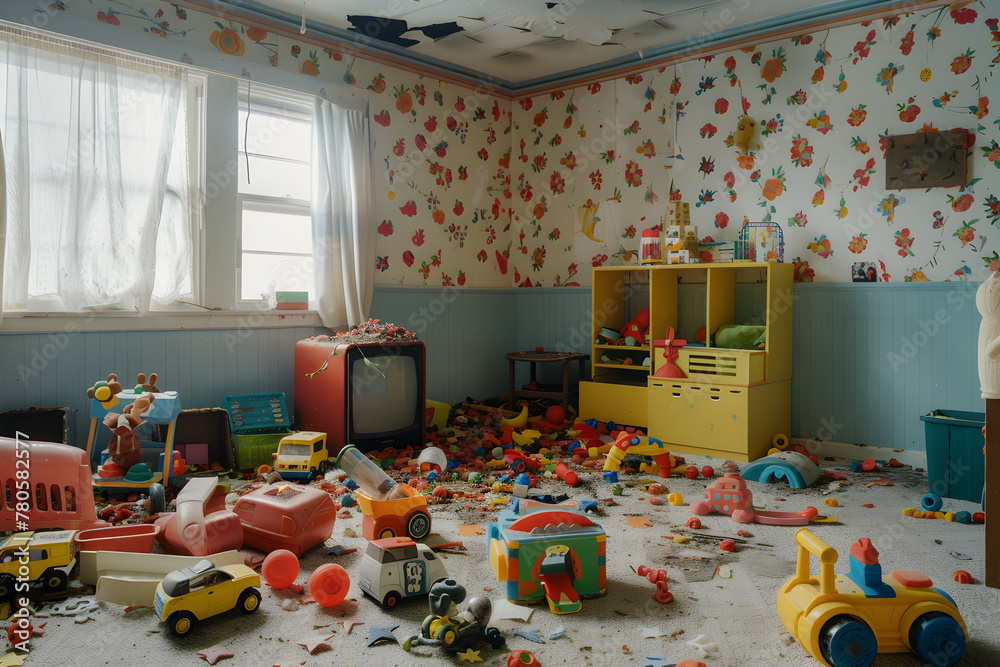 Abandoned children's playroom with scattered toys and furniture ...
