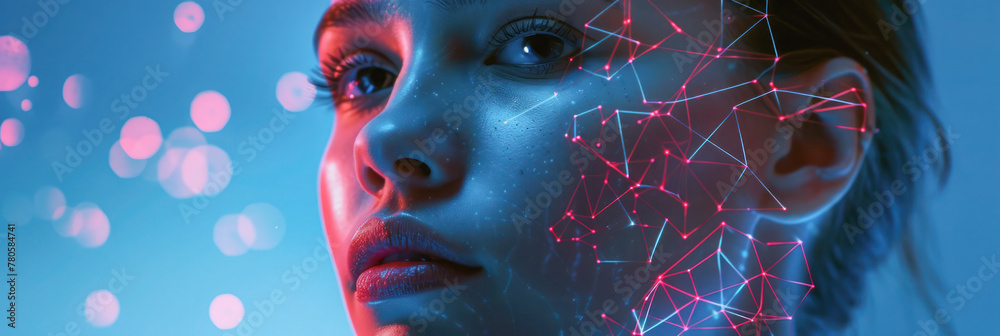 Close-up portrait of a woman with a glowing digital neural network ...