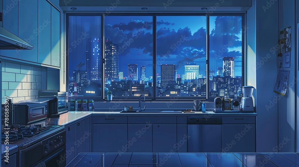 A modern kitchen design bathed in blue hues featuring state-of-the-art ...